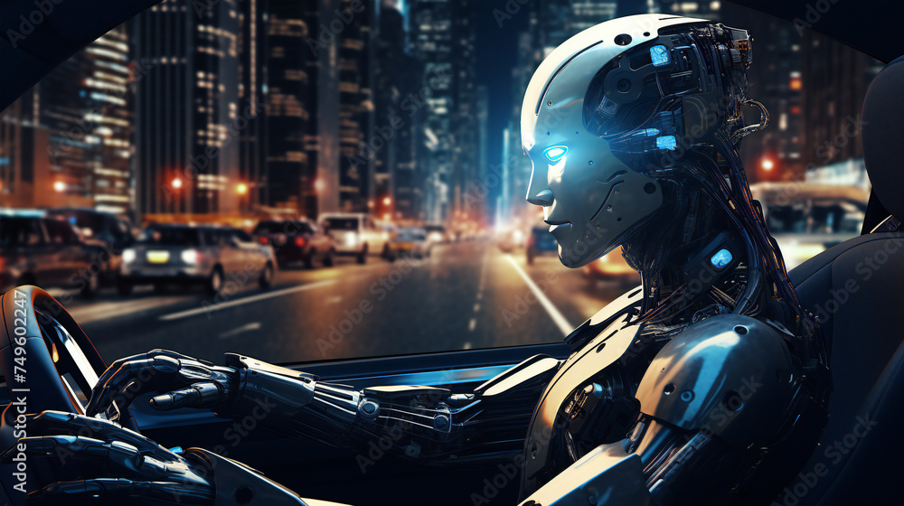 Robot driver driving a car in the background of a night city. Cyborg ...