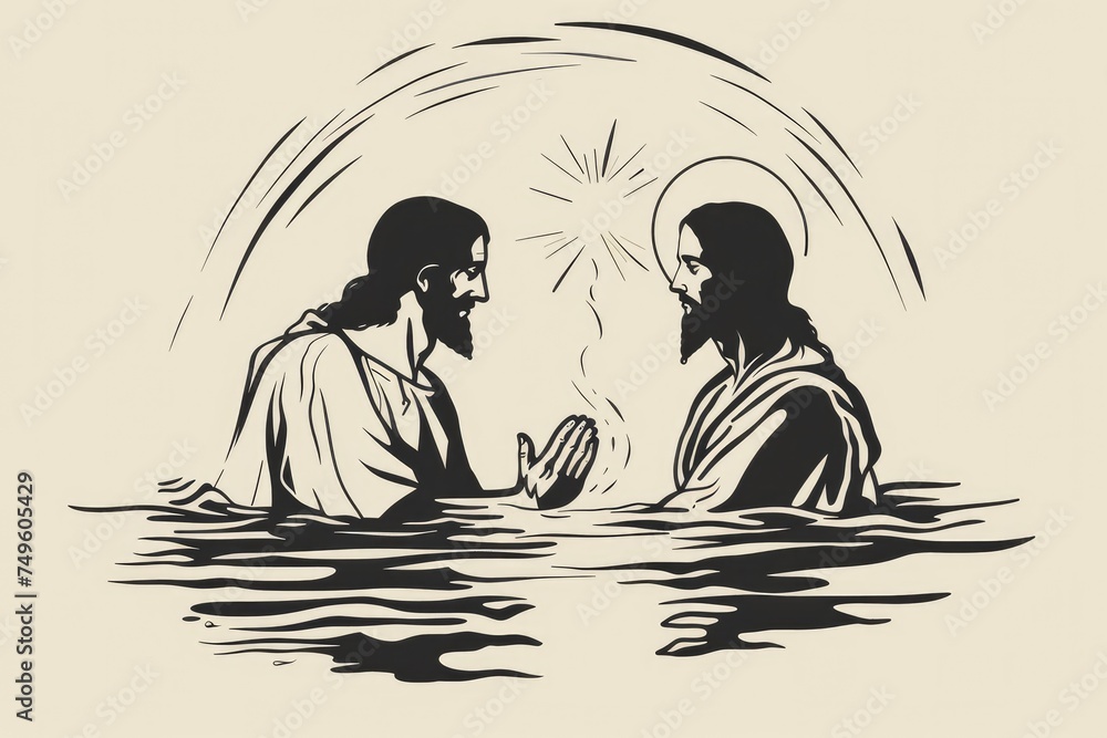Vector sketch illustration of Jesus is baptized by John the Baptist in ...