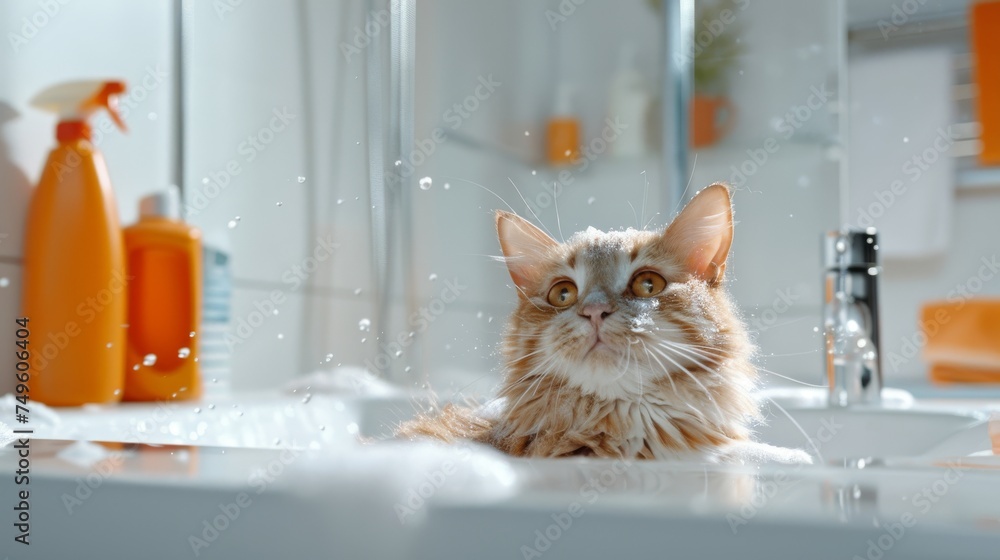 Amused orange cat experiencing bath time with water splashes in ...