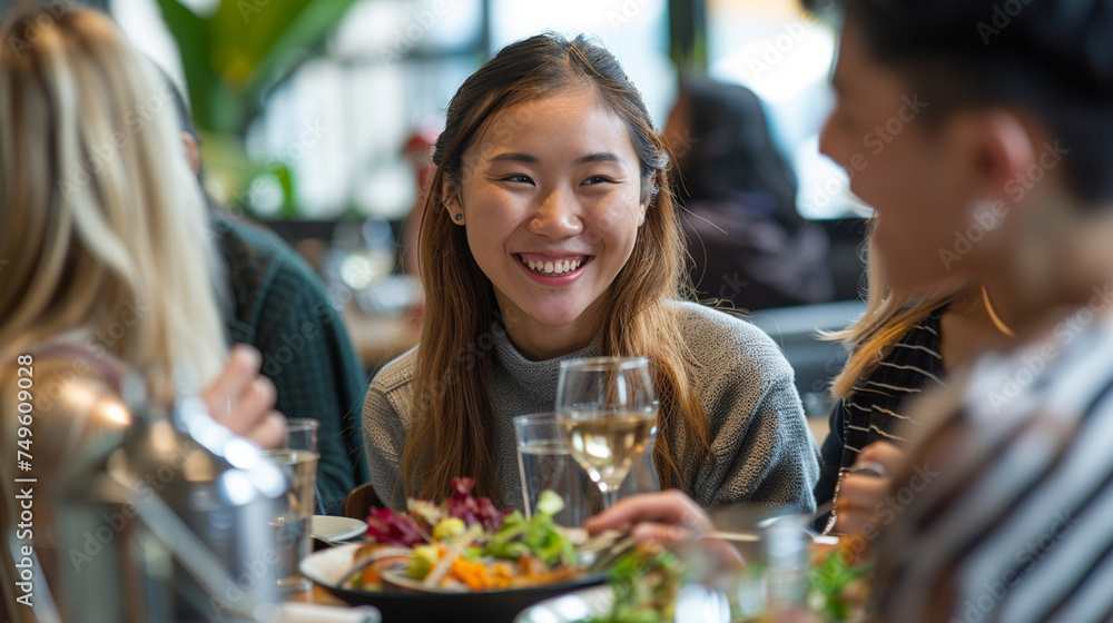 Smiling employees sharing a meal together during a team-building lunch ...