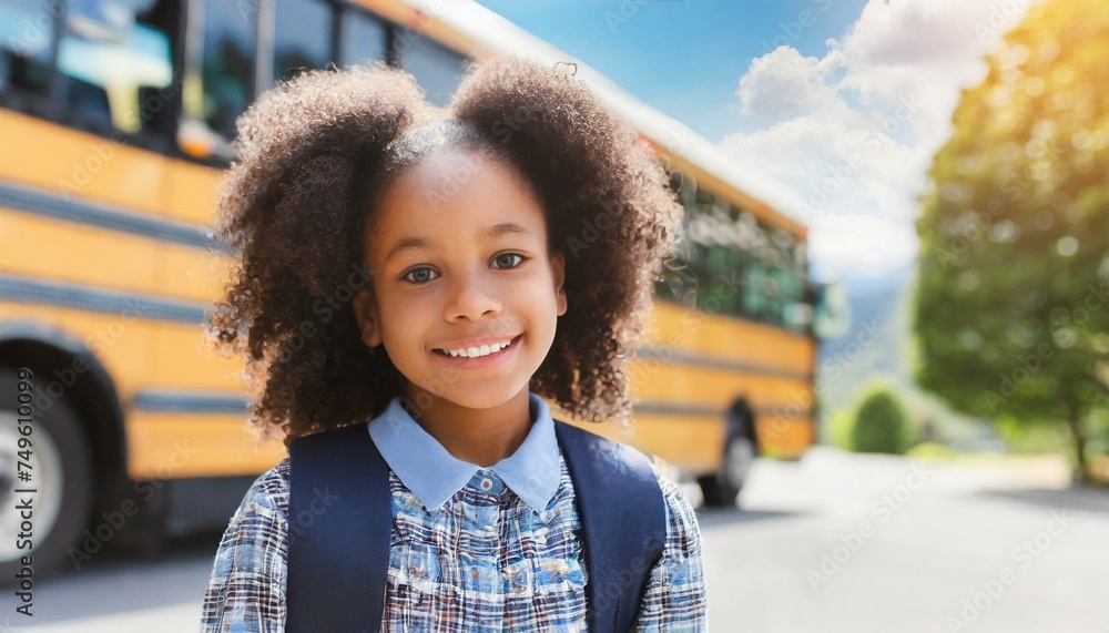 Smiling elementary student girl smiling and ready to board school bus ...