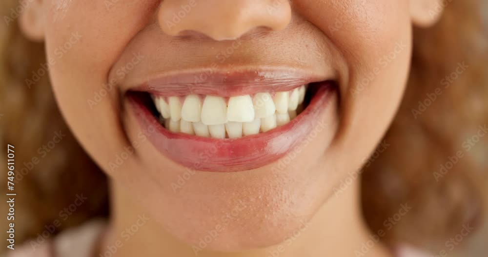Person, african and face with teeth, smile and dental care and oral ...