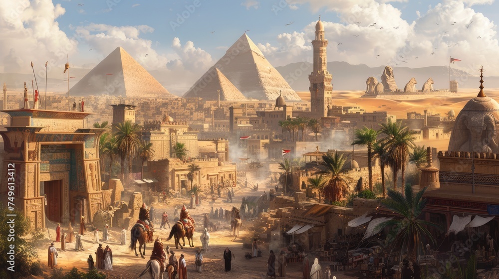 An ancient Egyptian city at the peak of its glory, with pyramids ...