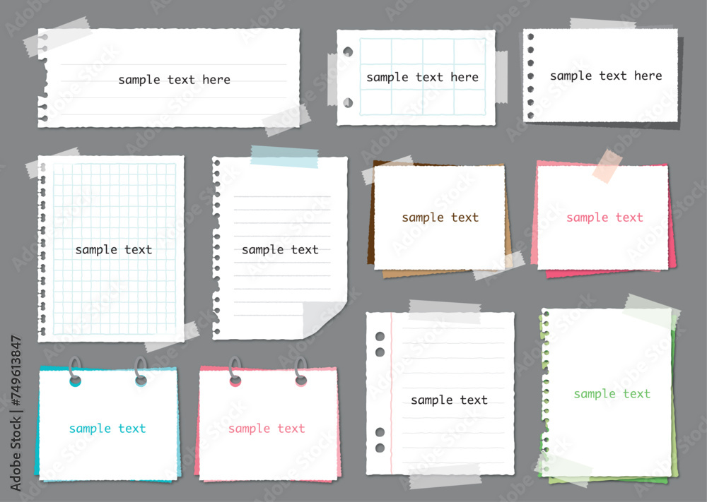 Collection of different white sheets of note papers, ready for your ...