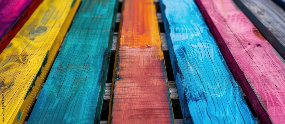 This close-up view showcases rainbow-colored wooden planks, featuring a ...
