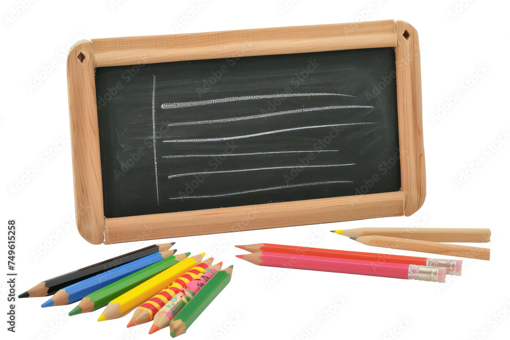Blank chalkboard with colored pencils and eraser, cut out - stock png ...