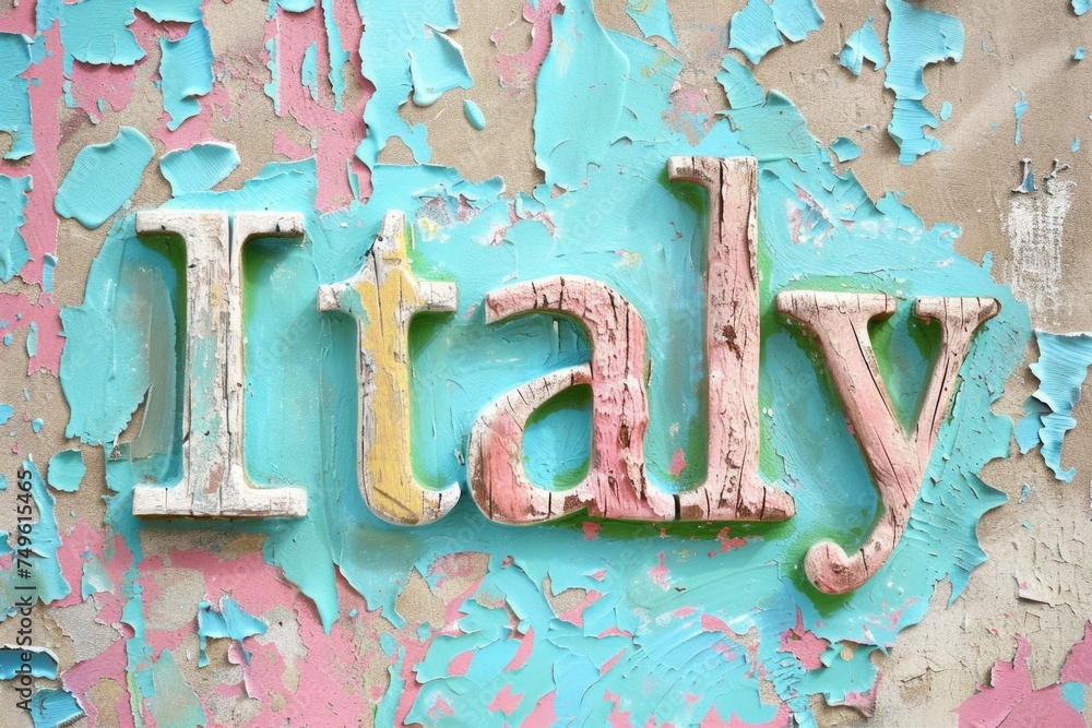 write the word "Italy" lettering, wall. Texture. Molded from clay ...