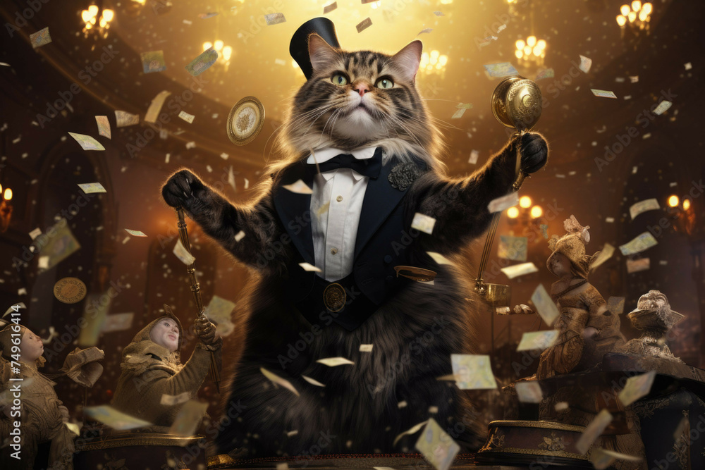 Distinguished cat receiving a golden trophy in a grand New Year's Eve ...