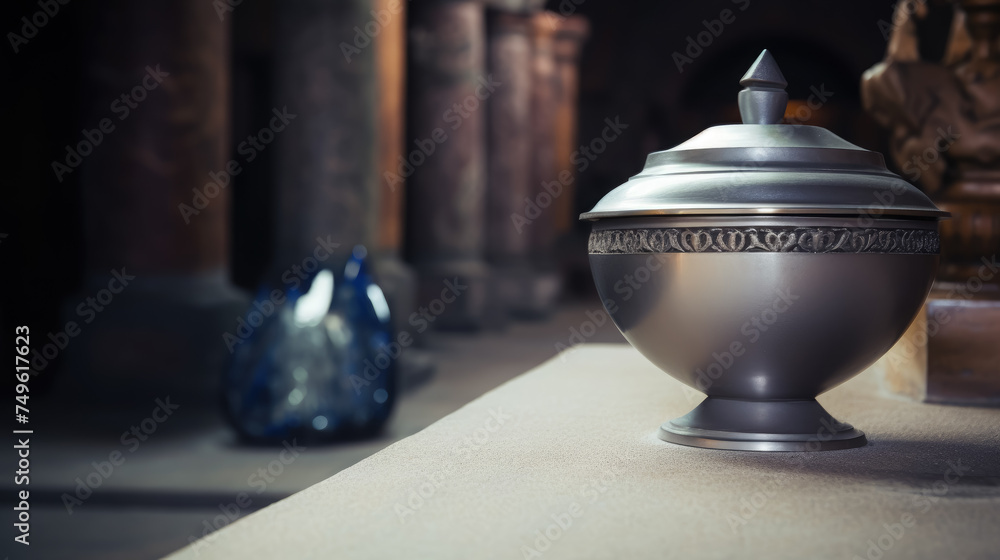 urn with ashes on the background of a crypt, temple, funeral, death ...