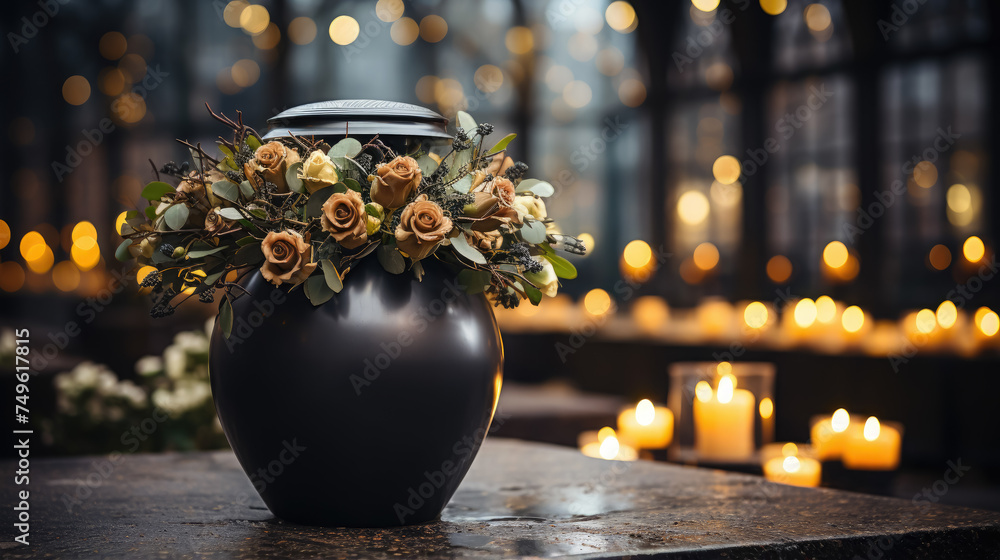 urn with ashes on the background of a crypt, temple, funeral, death ...
