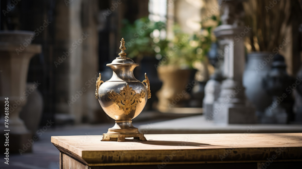 urn with ashes on the background of a crypt, temple, funeral, death ...