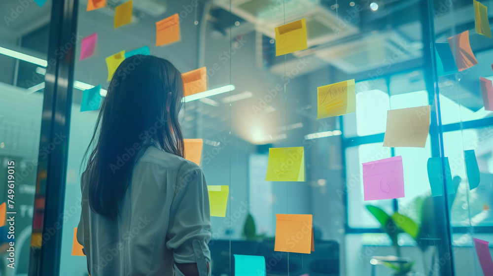 Asian Woman Looking at Post It and Sticky Notes on the Window at Work ...