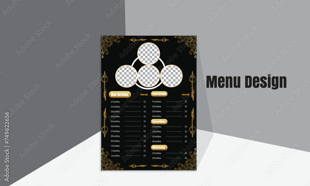 Black restaurant menu design with premium frame pattern (stripe border ...
