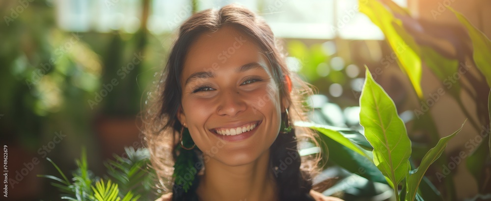 Content Native American woman smiling gently, her visage harmonizing ...