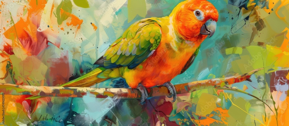 This painting depicts a vibrant small orange, yellow, and green parrot ...