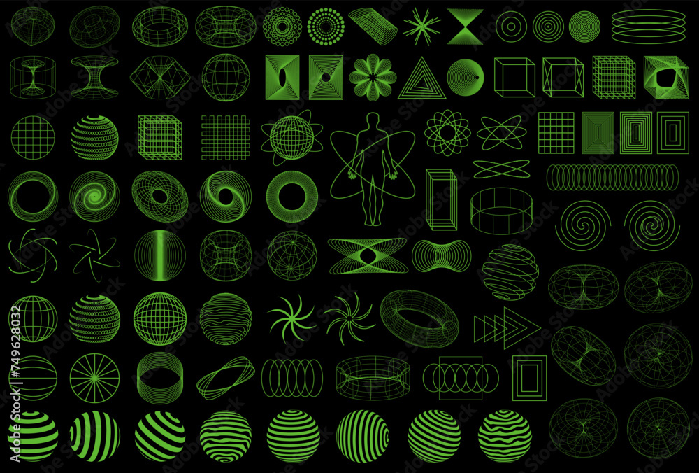 Retro futurism. Green trip elements on the black background. Acid rave ...