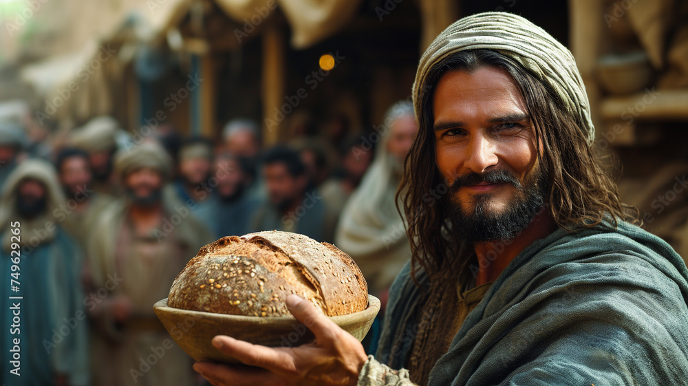 Jesus Christ gives bread to poor people, kindness and selflessness ...