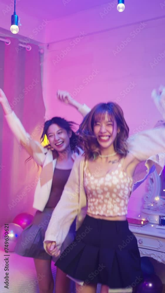 Happy Asian generation z woman friends vlogger influencer content ...