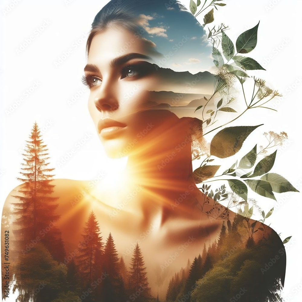 Beauty, woman, and nature earth double exposure silhouette and sunshine ...