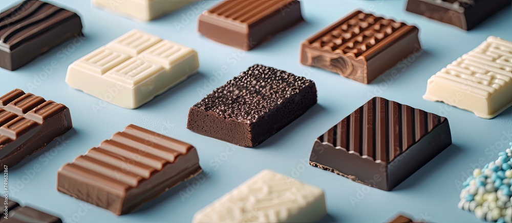 A variety of different types of chocolate bars are neatly arranged on a ...