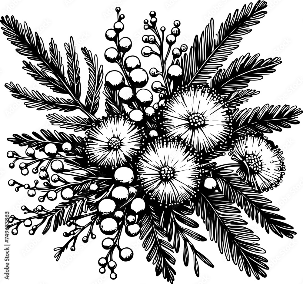 Mimosa flower black outline vector illustration. Coloring book. Stock ...