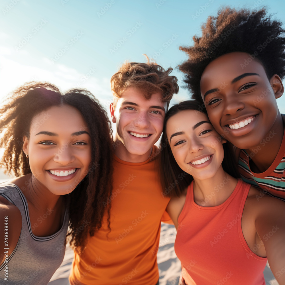 Four diverse Gen Z friends taking outdoor group selfie at the beach ...