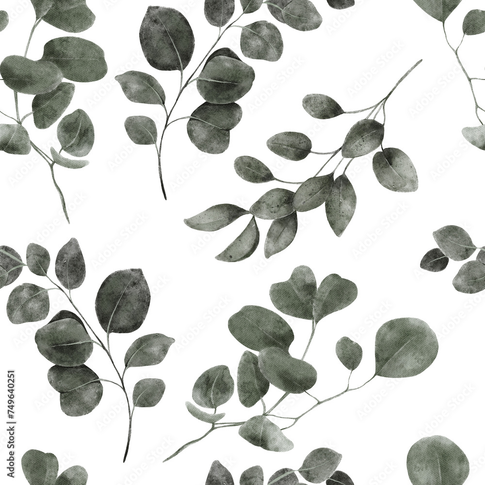 Seamless pattern with watercolor hand draw sage, green leaves, branch ...