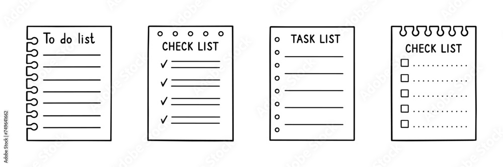 Check list, memory note paper doodle set. Reminder, to do list, notebook with plan, task and ...