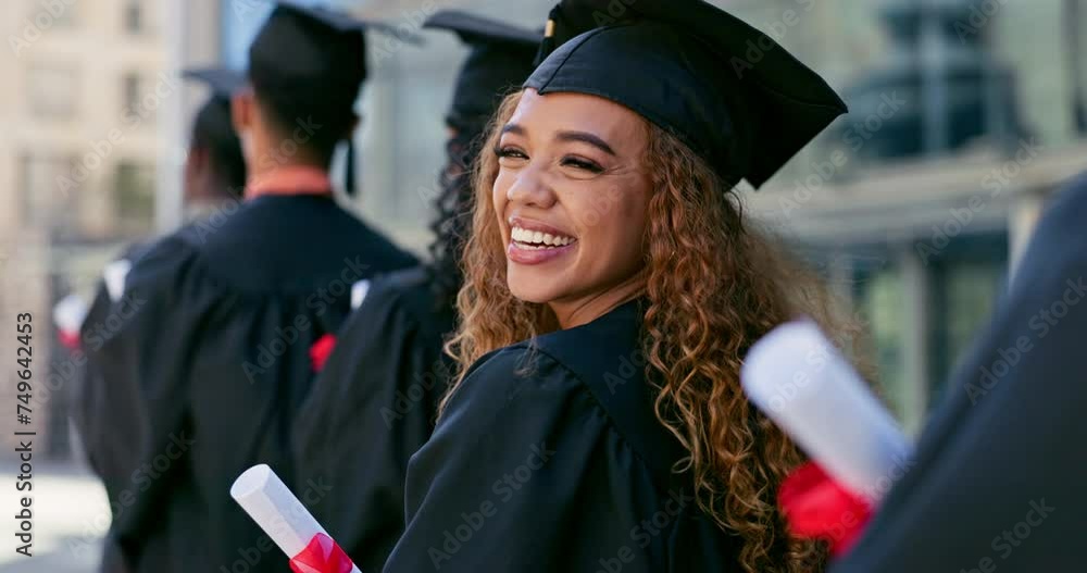 Smile, graduation and face of woman with students at university in line ...