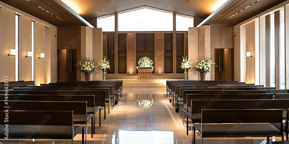 Funeral service (wake) with the deceased in a coffin with open casket ...