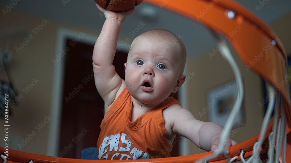 Baby infant playing basketball and slam dunking the ball in the rim ...