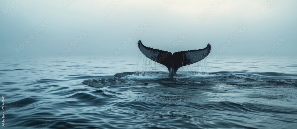 A humpback whale is seen flipping its tail out of the water in a ...