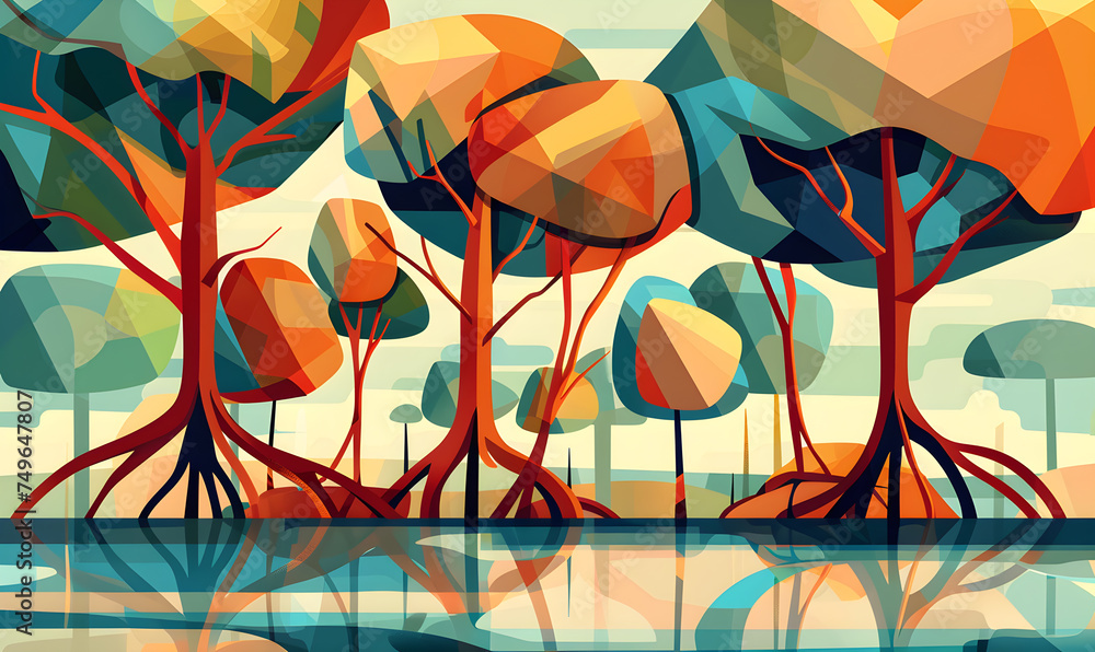 flat 2d geometric illustration features a variety of mangrove trees ...