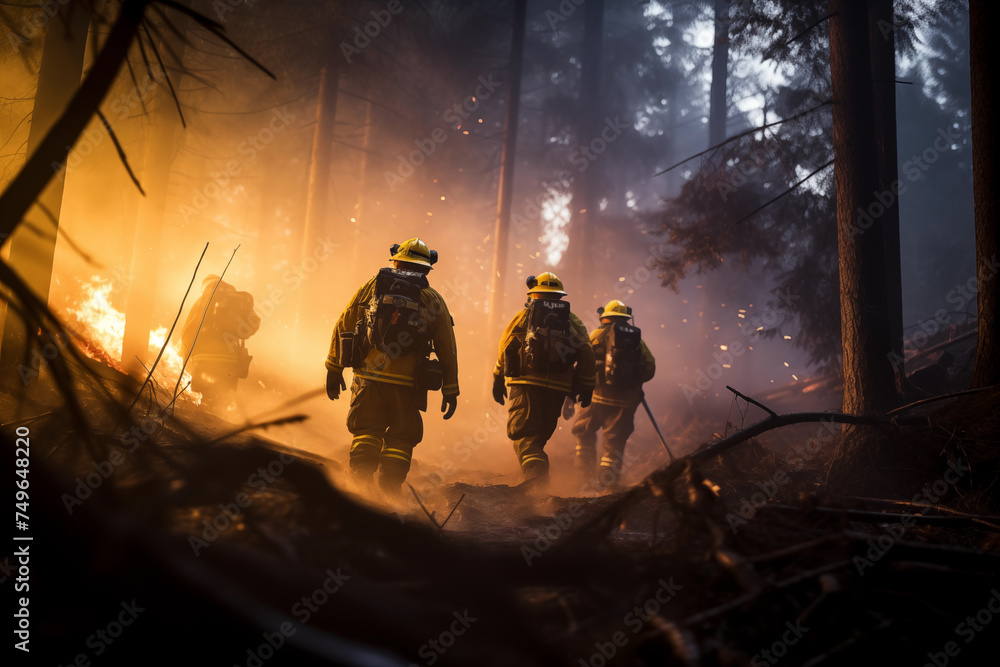 Firefighters trying to put out a forest fire, firefighters fighting ...