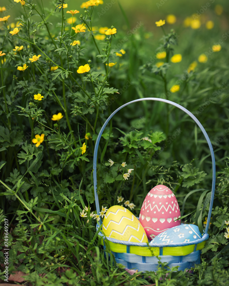 Three bright and vibrant Easter Eggs with intricate carved designs in ...