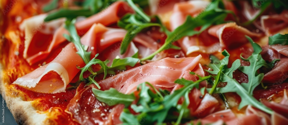 A detailed view of a freshly baked pizza covered with vibrant green ...