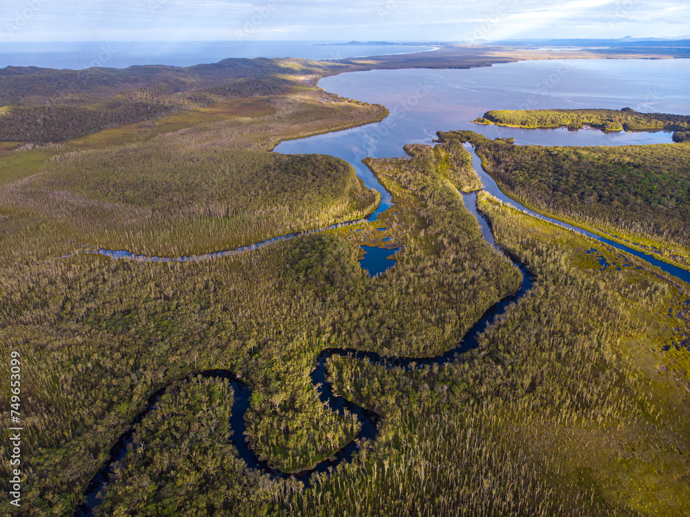 aerial panorama of unique ecosystem of noosa everglades - beautiful ...