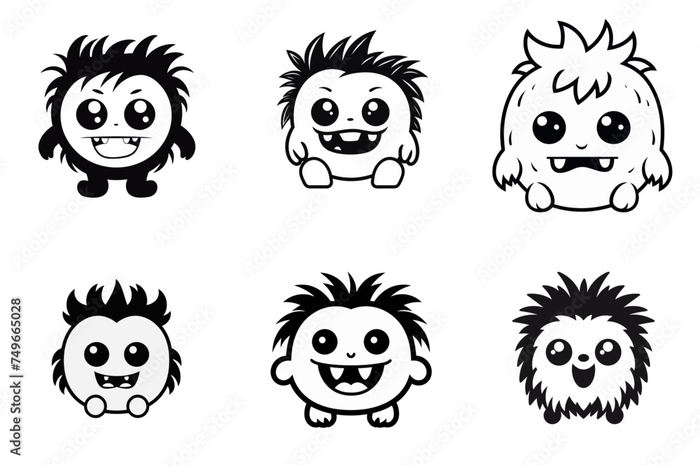 Poster set of cute monster fluffy cartoon black and white vector ...
