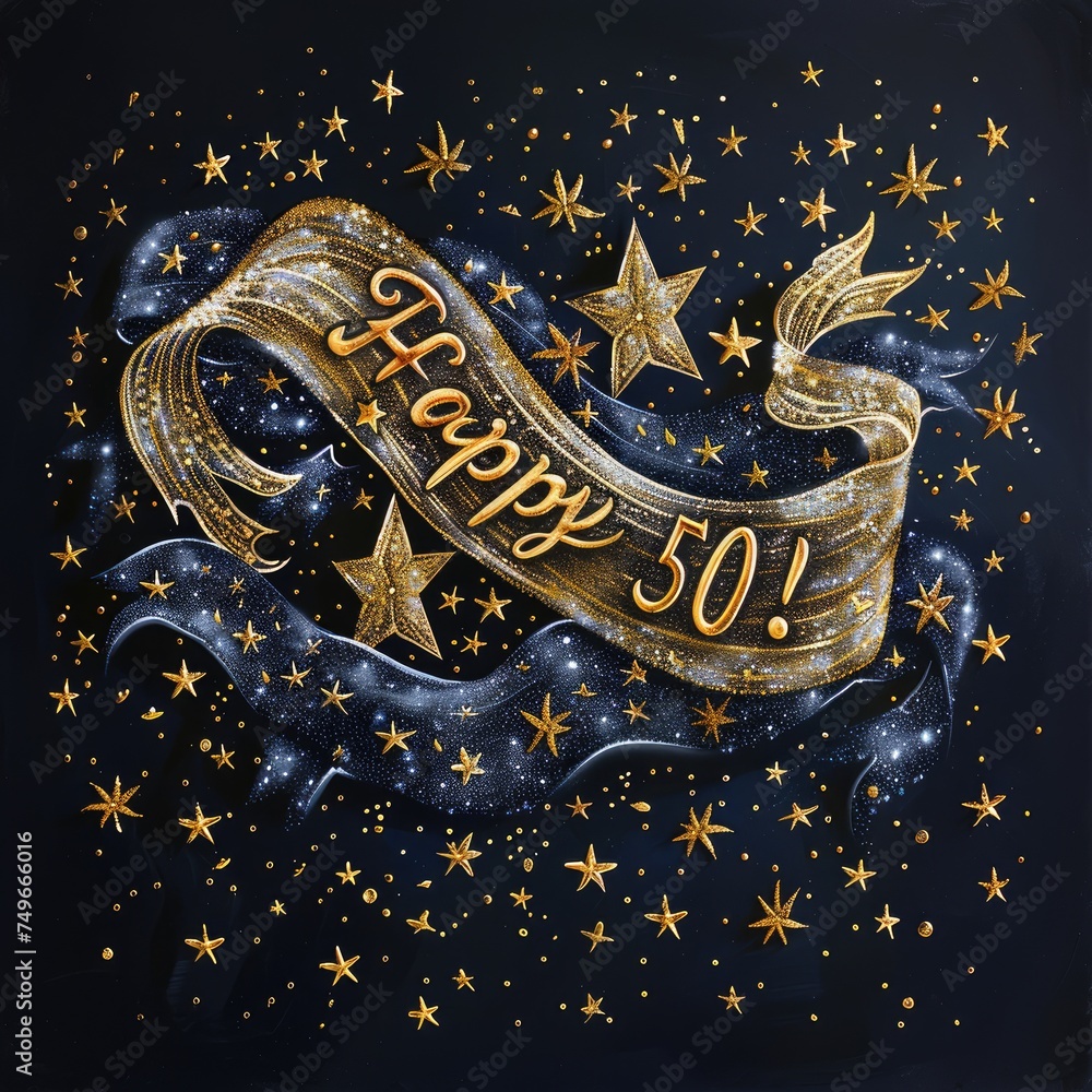 Celebrating 50, happy text in festive font, marking a joyful milestone ...