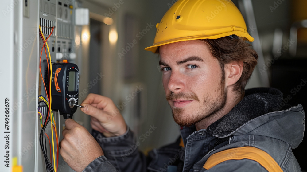Male Electrician Checking Voltage Of Socket With Multimeter In House ...