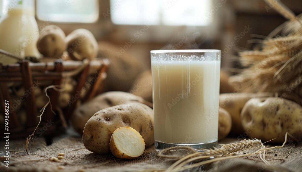 Lifestyle photo of potato milk, vegan potato milk in a glass and ...