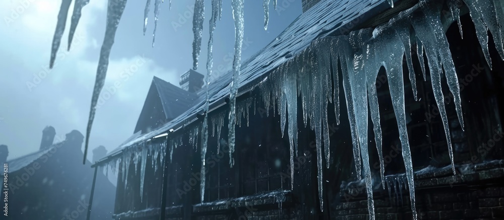 Long transparent icicles are hanging from the roof of a building ...