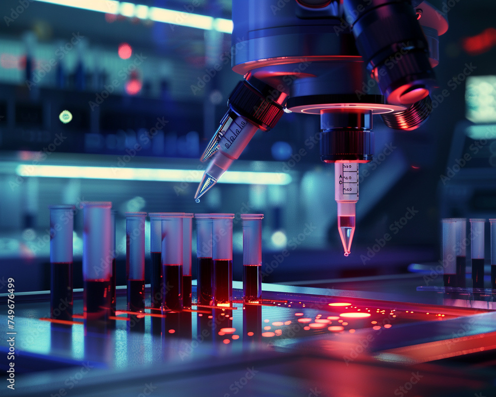 A biology lab scene with a focus on a pipette analyzing a sample ...