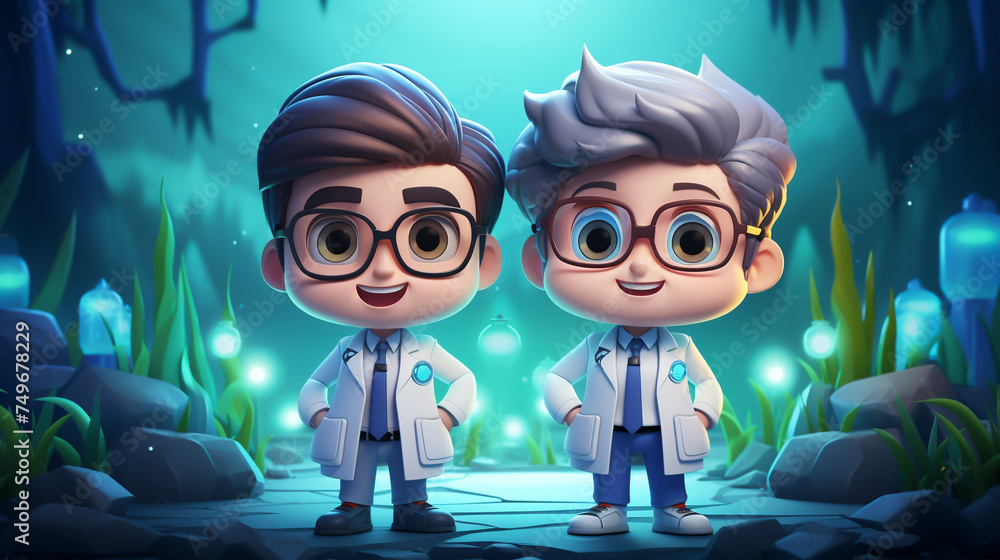 Team of cute animated doctors researching renewable energy in a ...
