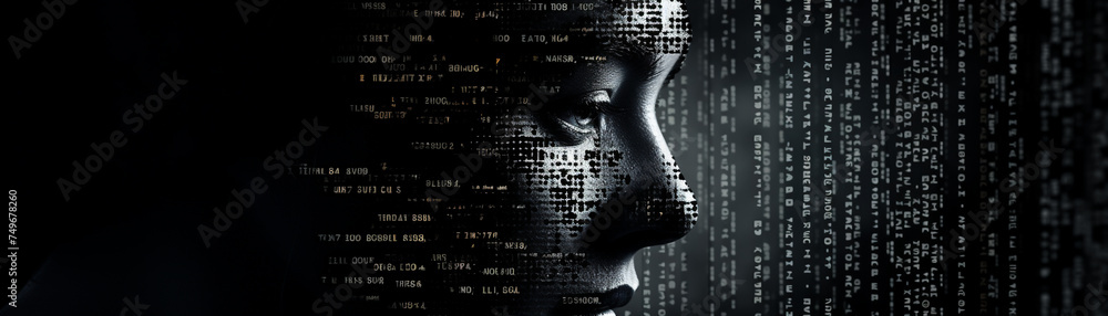 Visual metaphor of a figure shrouded in binary code their voice faded ...