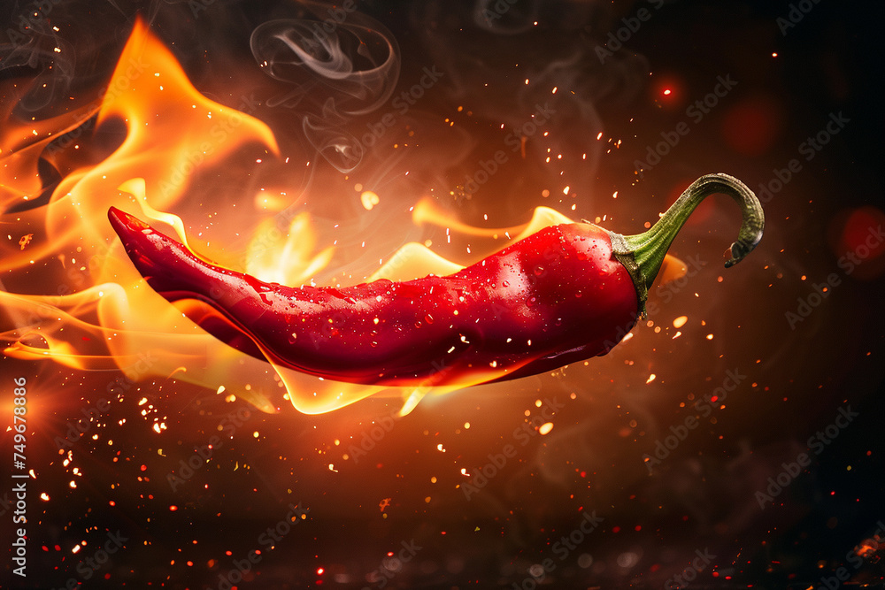 closeup of a vibrant red chili pepper with flames licking around its ...