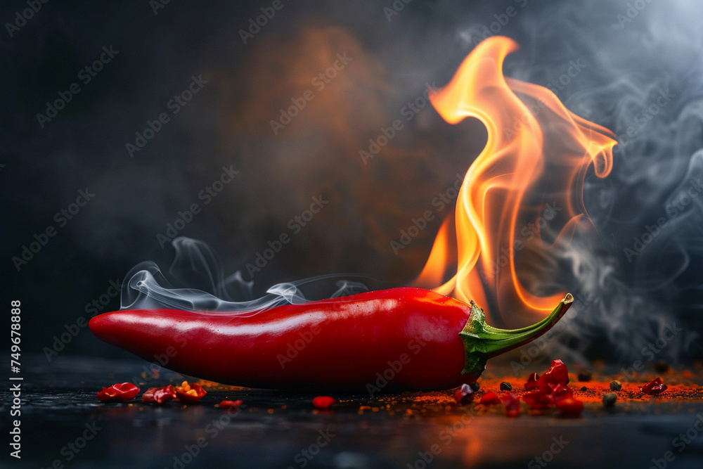 closeup of a vibrant red chili pepper with flames licking around its ...