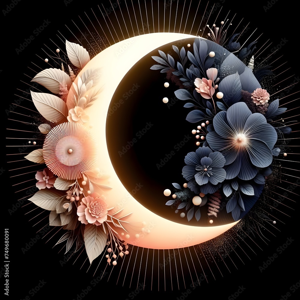 Half sun and half moon combined with leaves and flowers. generative ai ...