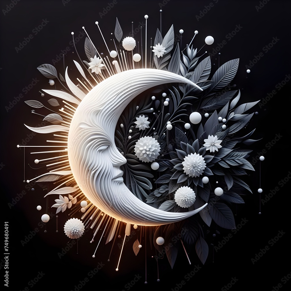 Half sun and half moon combined with leaves and flowers. generative ai ...