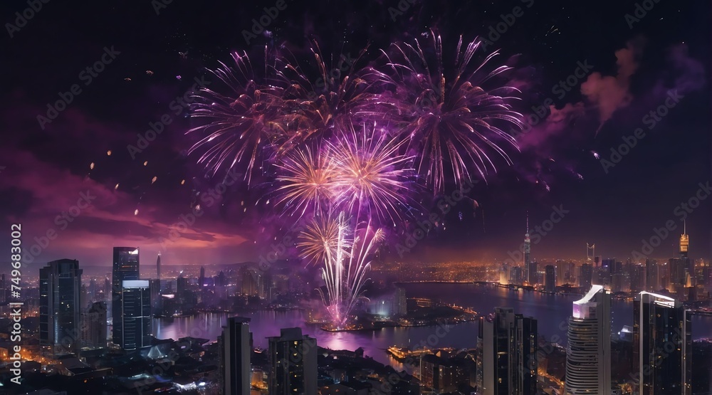 Beautiful purple fireworks display on bright busy city skyline ...